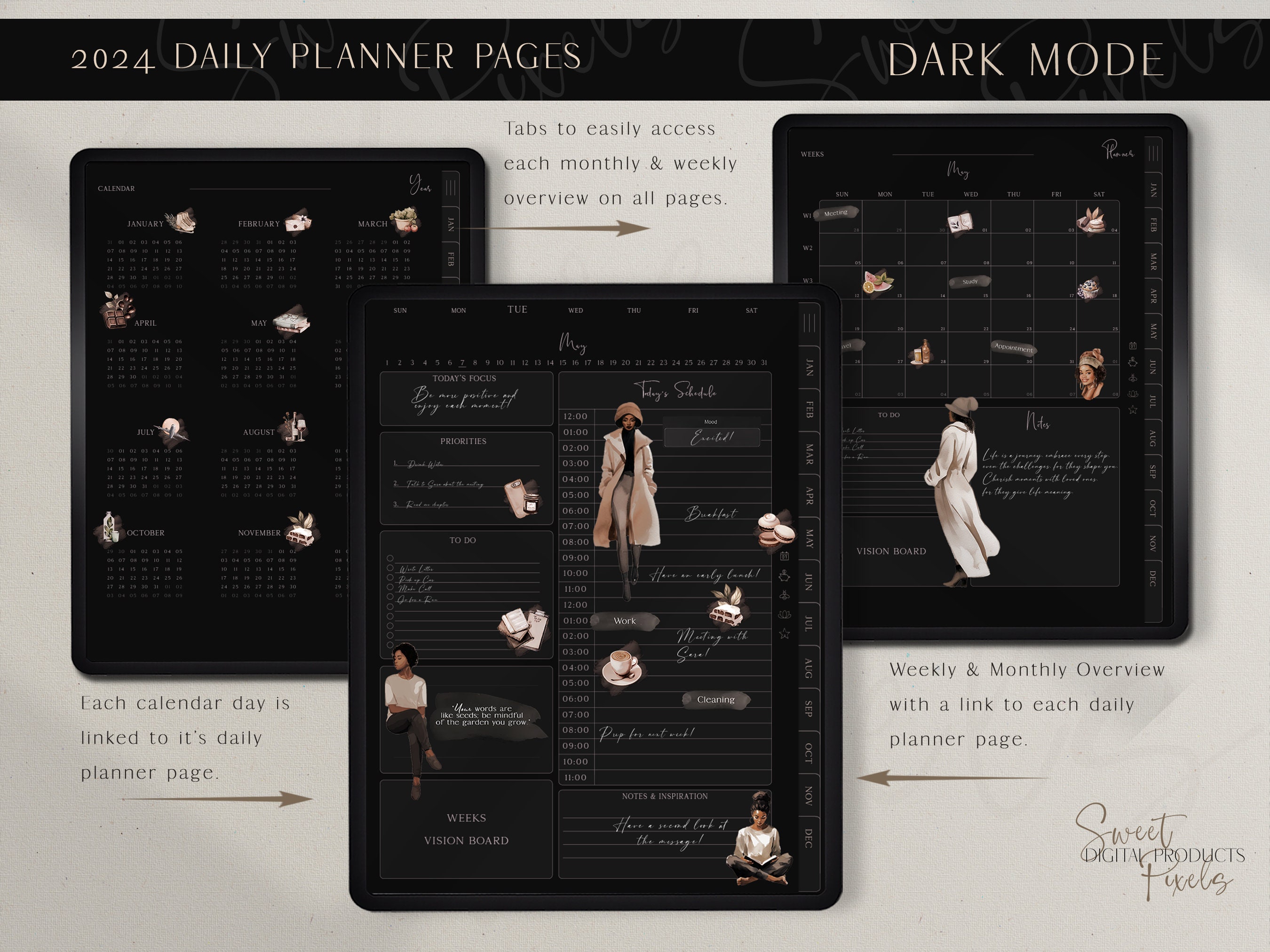 Black Girl 2024 Digital Planner Dark Mode Digital Stickers Goodnotes ...