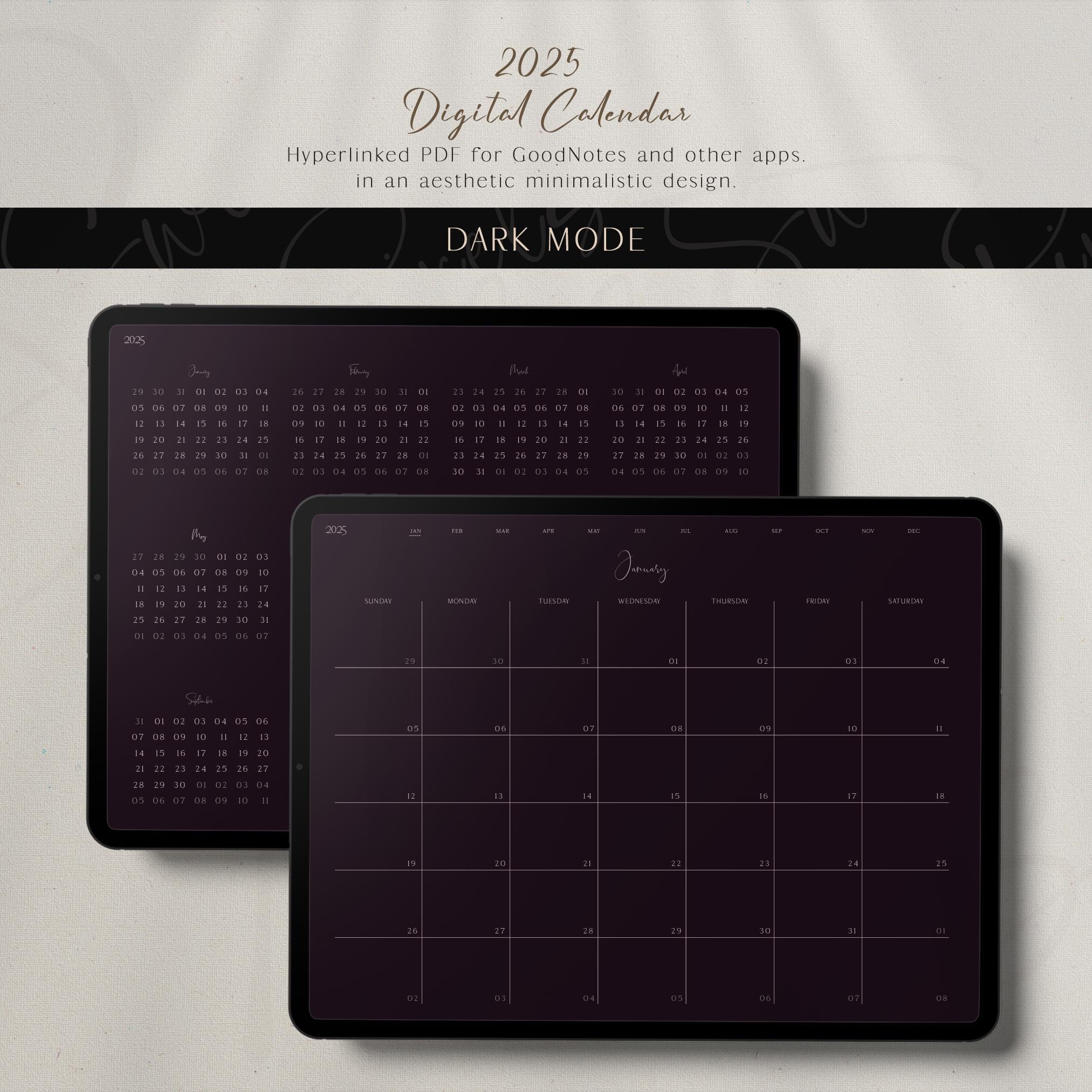 2025 Dark Purple Digital Calendar Planner, Dark Mode Monthly Calendar ...