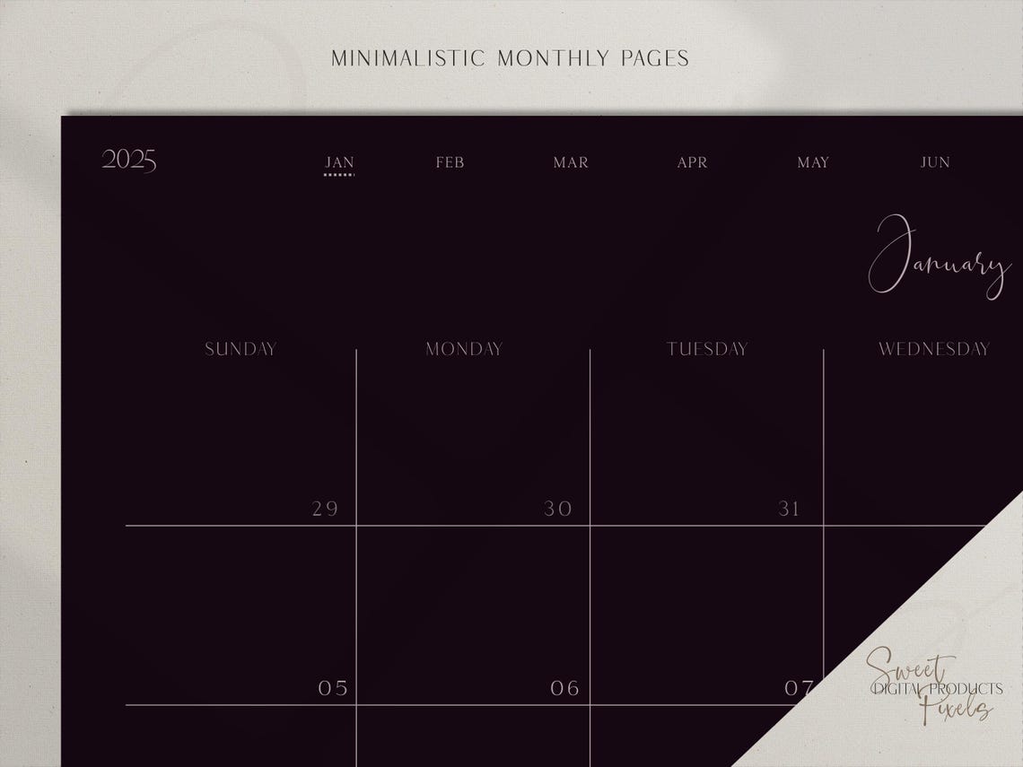 2025 Dark Purple Digital Calendar Planner, Dark Mode Monthly Calendar ...
