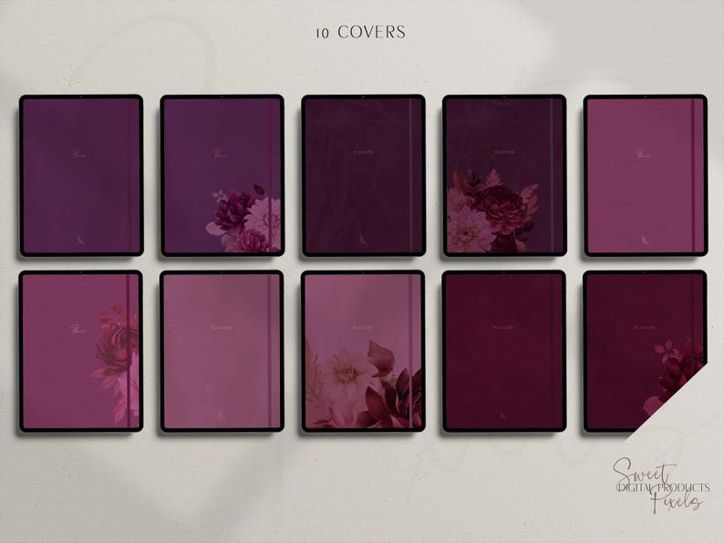 Dark Mode Floral Undated Digital Planner Dark Pink and Purple Floral ...