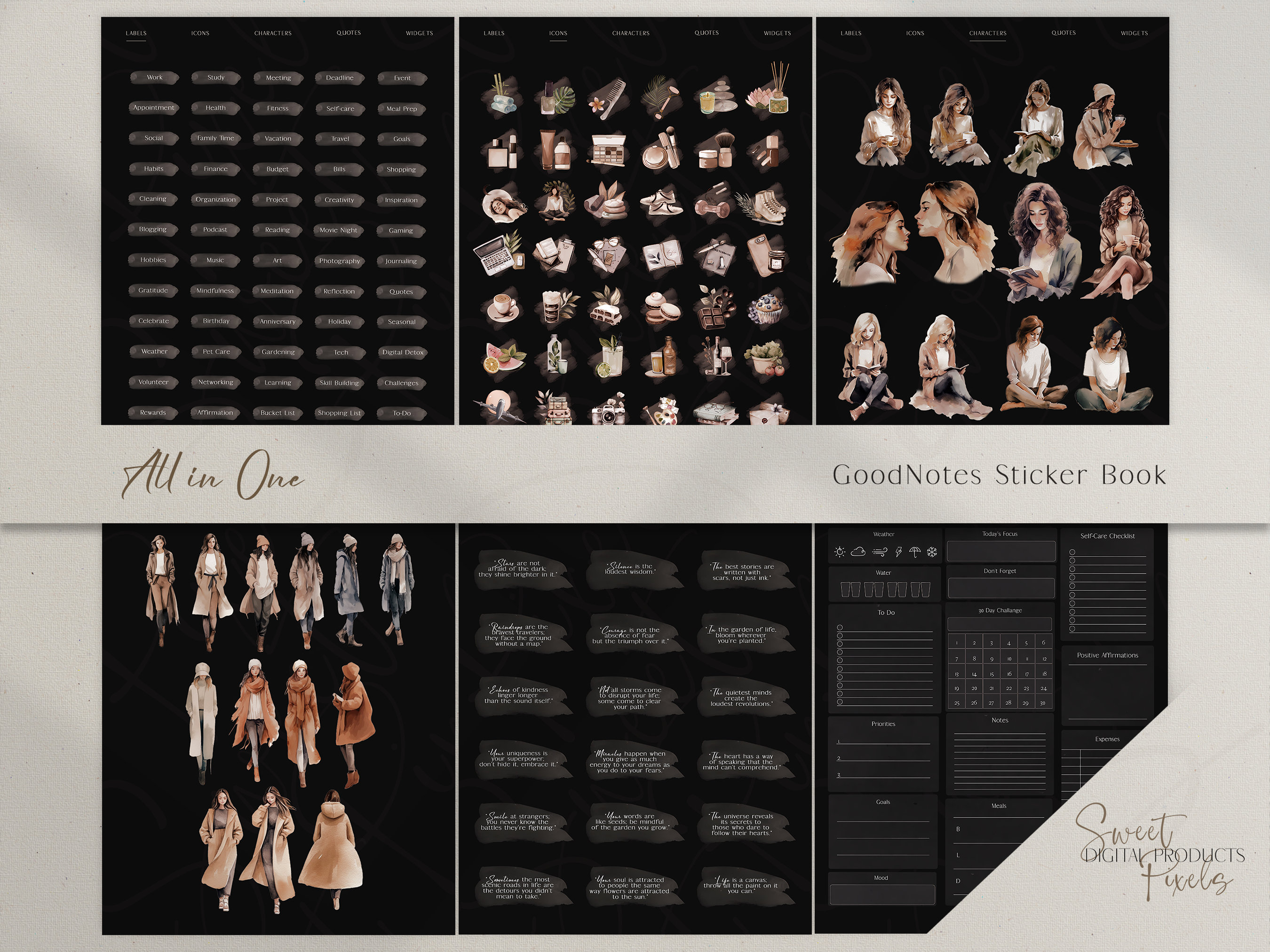 Dark Mode Digital Stickers That Girl Aesthetic Planner Stickers Girl ...