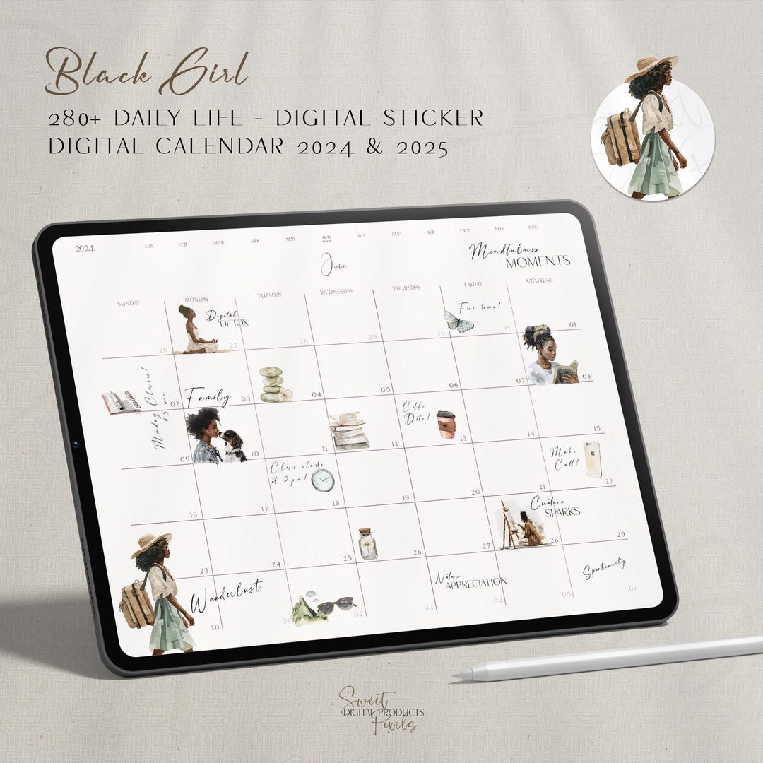 2024 & 2025 Daily Life Digital Planner Calendar 280 Black Girl Sticker ...