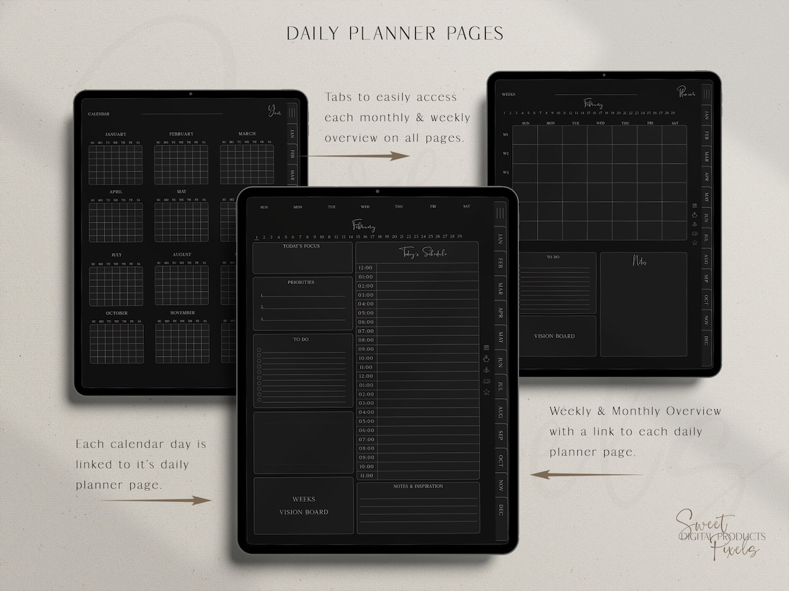 Undated Dark Mode Digital Planner, Dark Mode Goodnotes Planner, PDF ...
