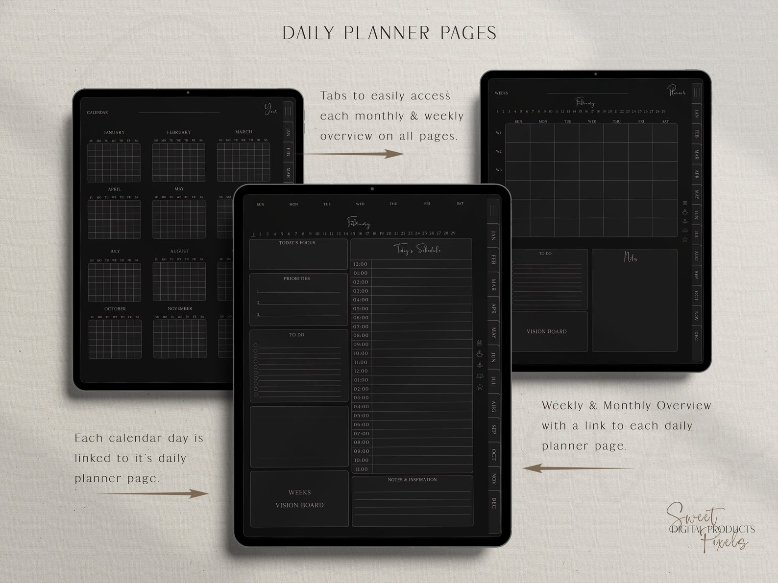 Undated Dark Mode Digital Planner, Dark Mode Goodnotes Planner, PDF ...