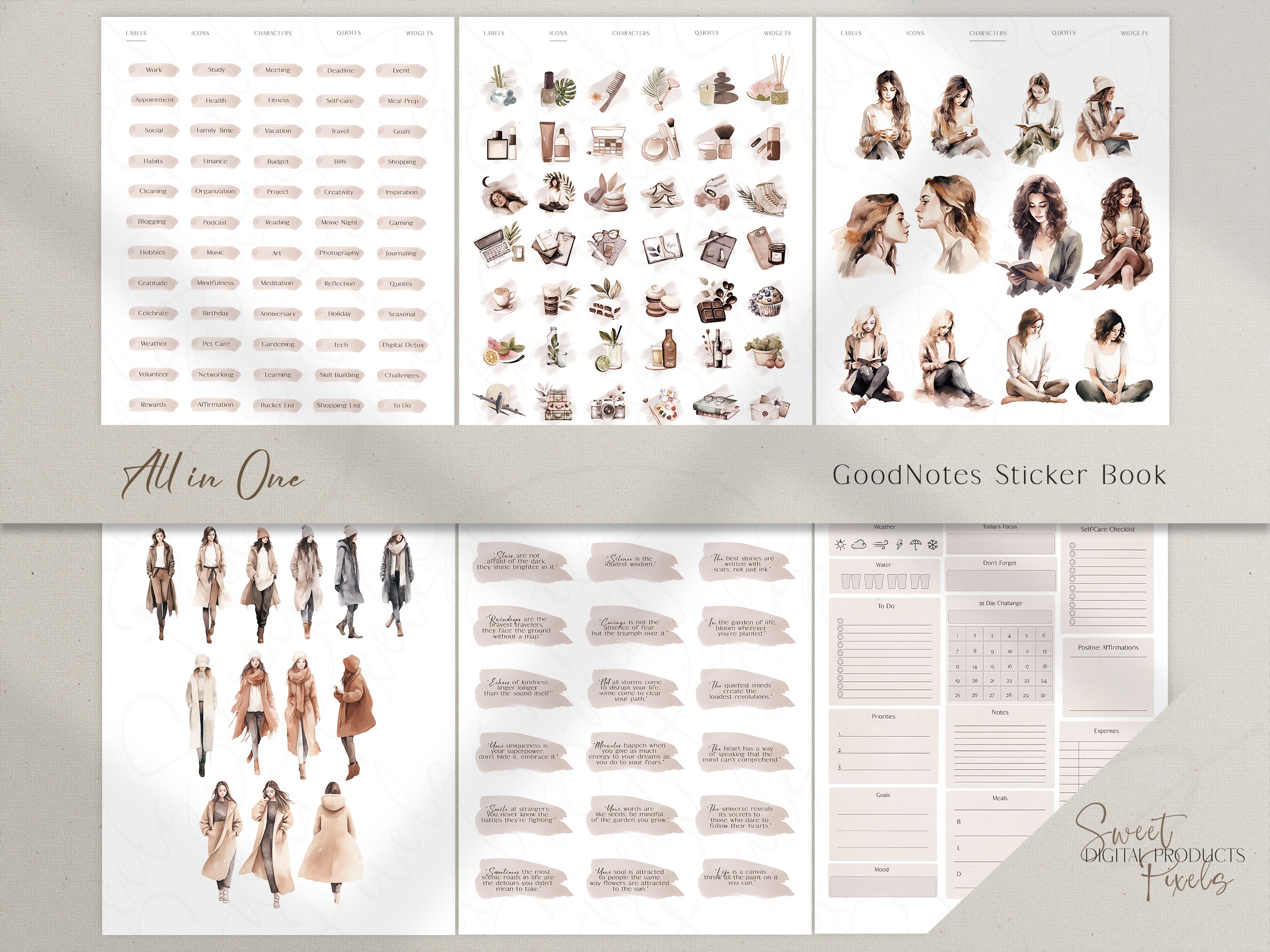 Girl Planner Stickers, Watercolor Illustrations (goodnotes, PNG Digital ...
