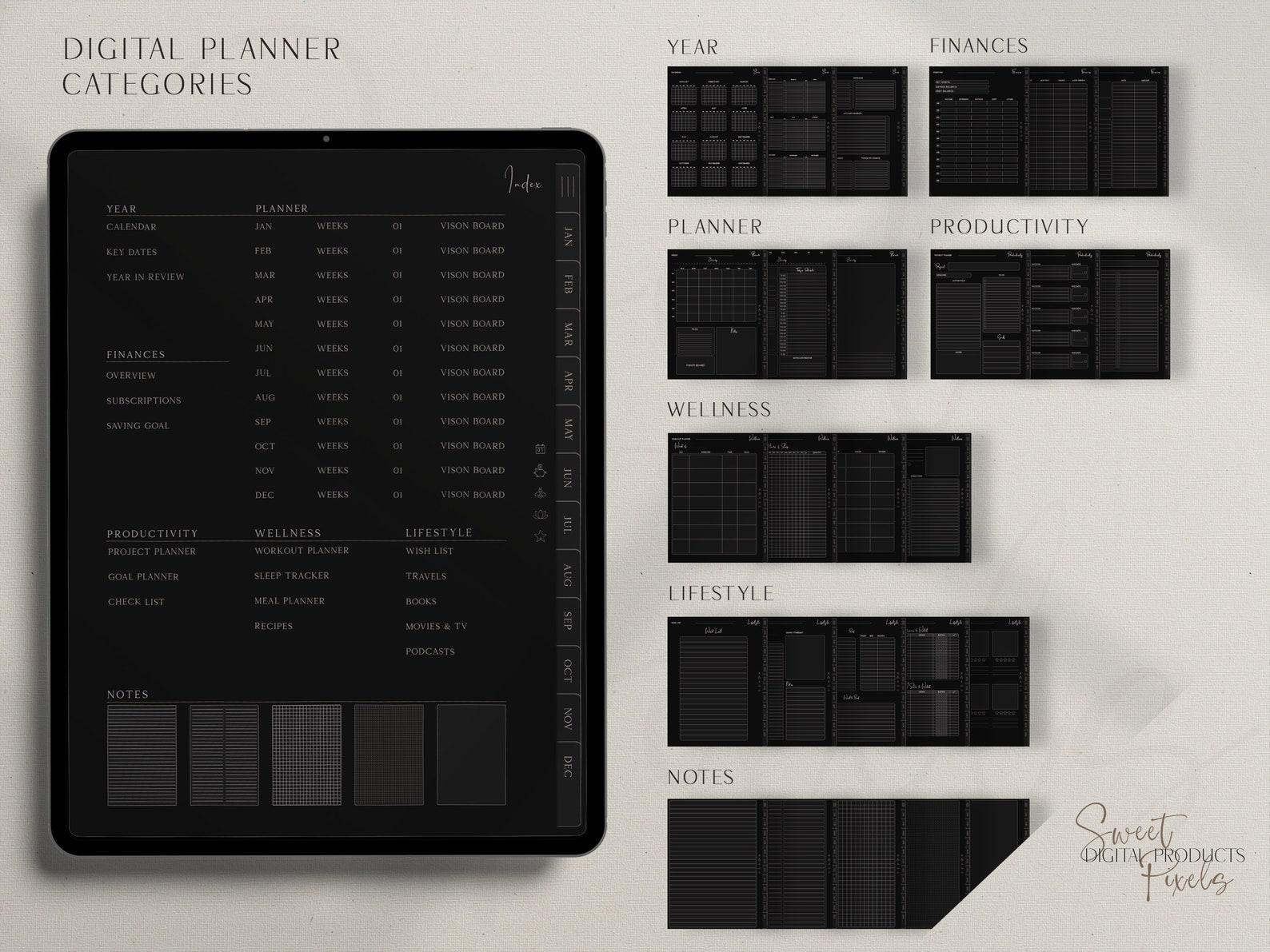 Undated Dark Mode Digital Planner, Dark Mode Goodnotes Planner, PDF ...