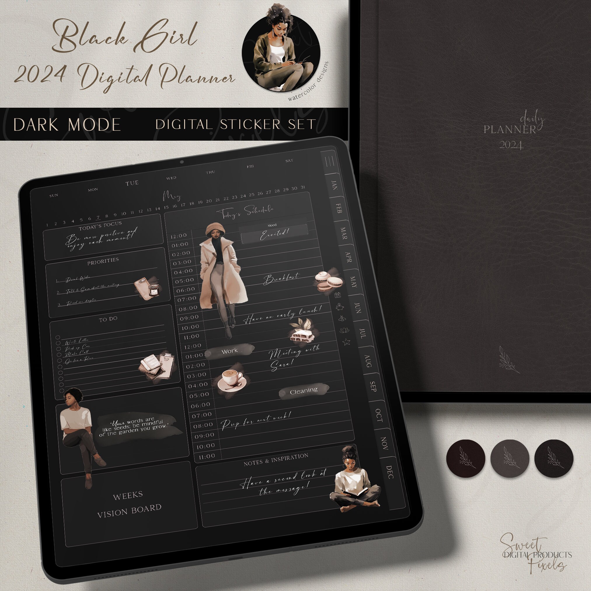 Black Girl 2024 Digital Planner Dark Mode Digital Stickers Goodnotes ...