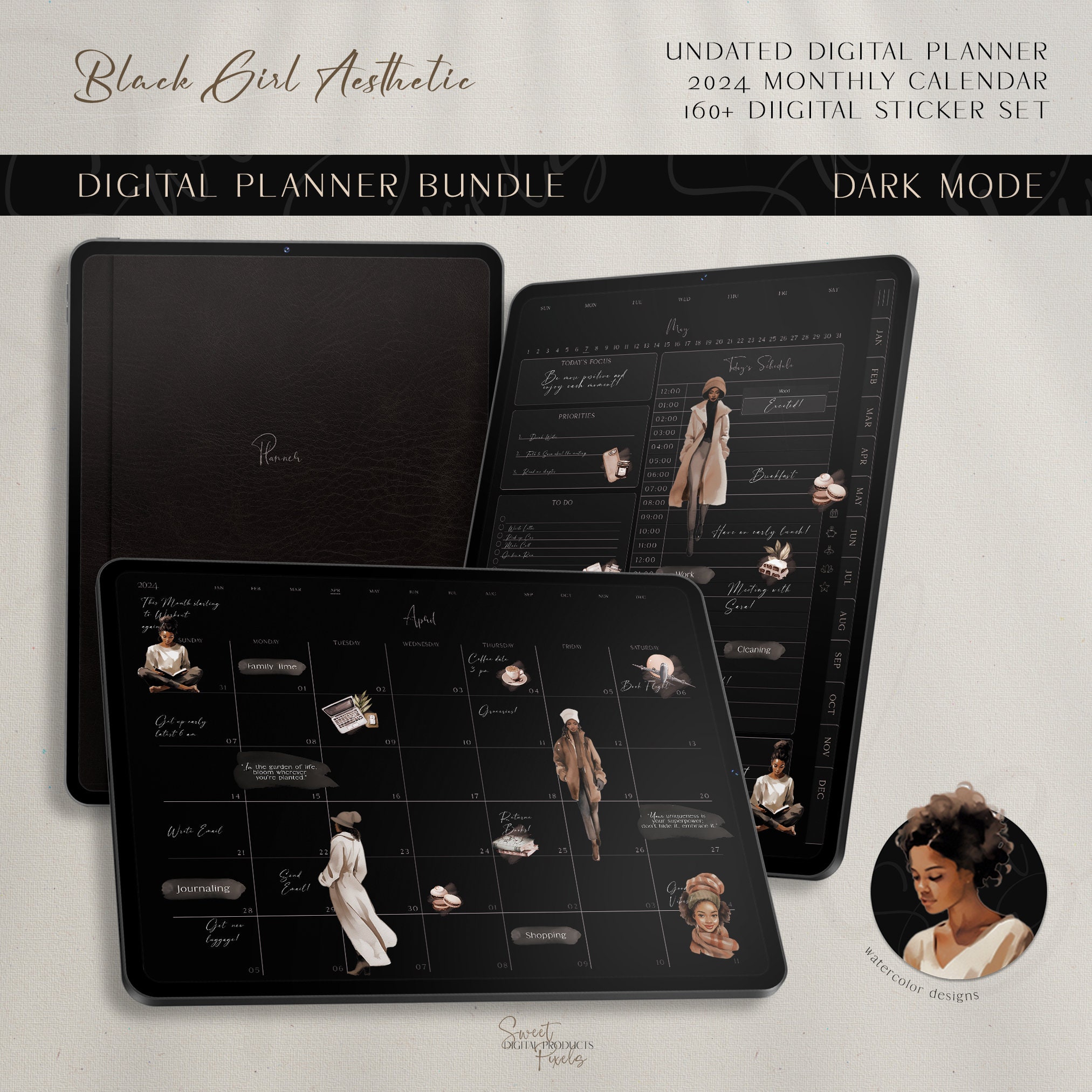 Dark Mode Black Girl Digital Planner Bundle Digital Stickers African ...