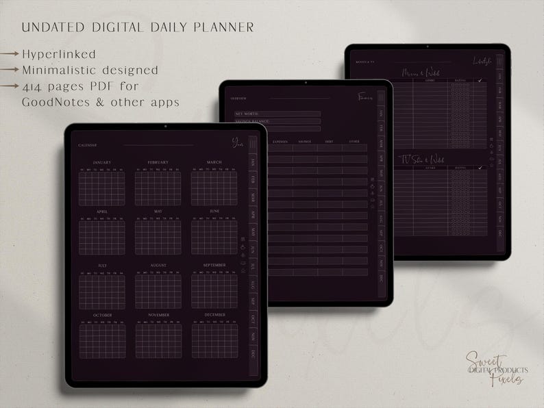 Dark Mode Floral Undated Digital Planner, Dark Pink and Purple Floral ...