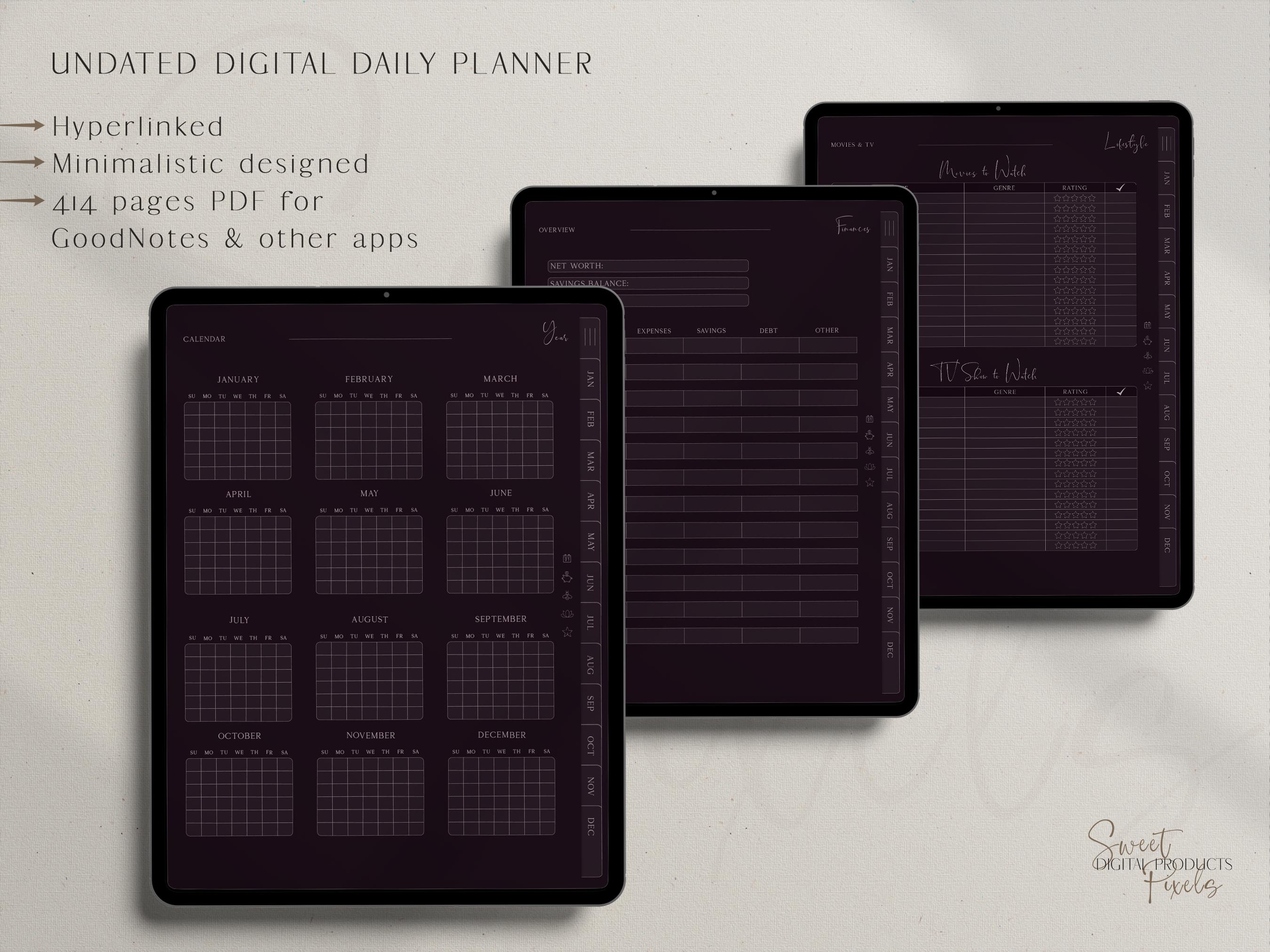 Dark Mode Floral Undated Digital Planner Dark Pink and Purple Floral ...