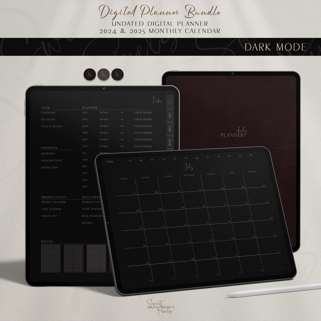 2025 & 2024 Dark Mode Digital Planner Undated Digital Calendar Dark ...