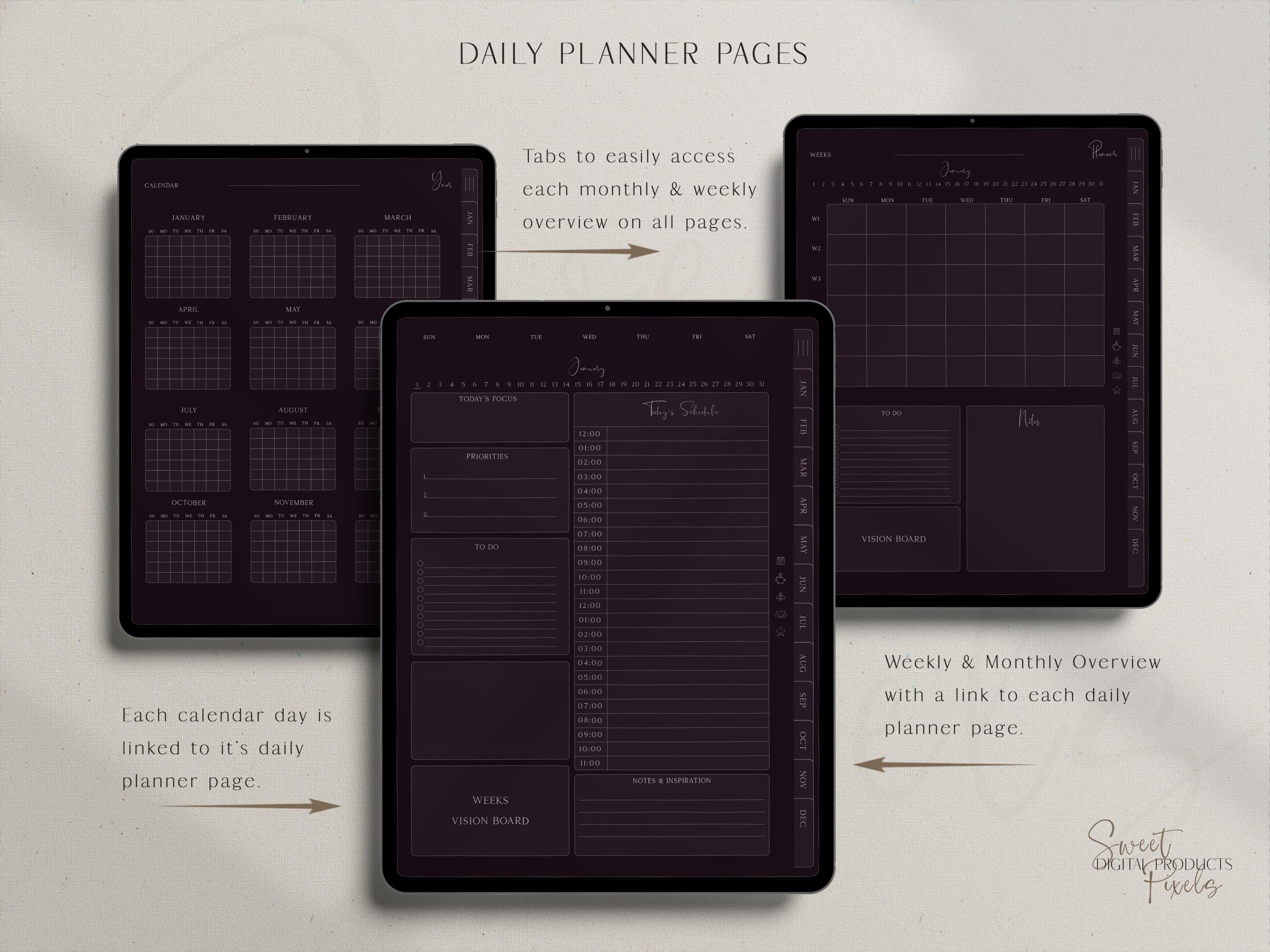 Dark Mode Floral Undated Digital Planner Dark Pink and Purple Floral ...