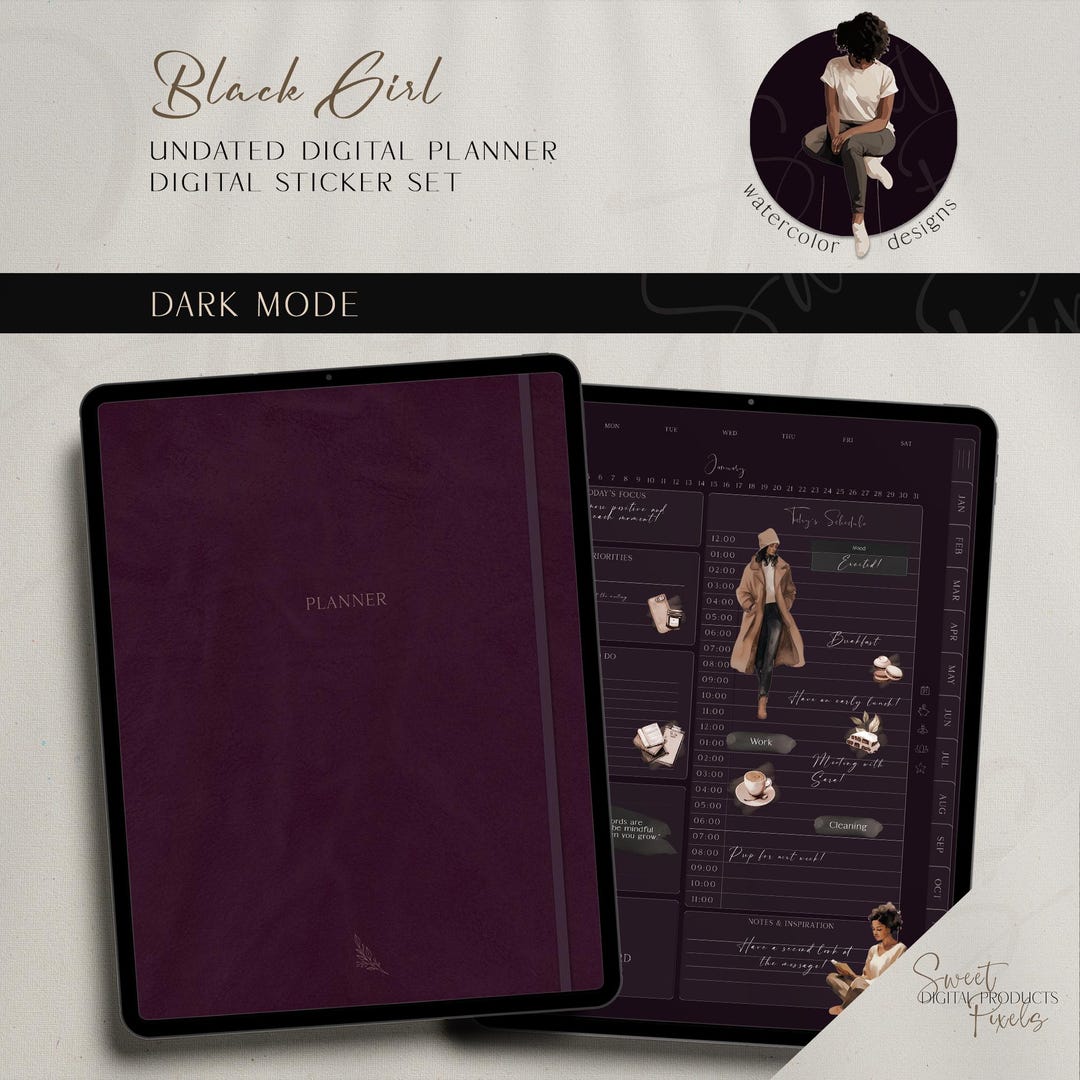 Dark Mode Black Girl Floral Aesthetic Planner Bundle: Undated Digital ...