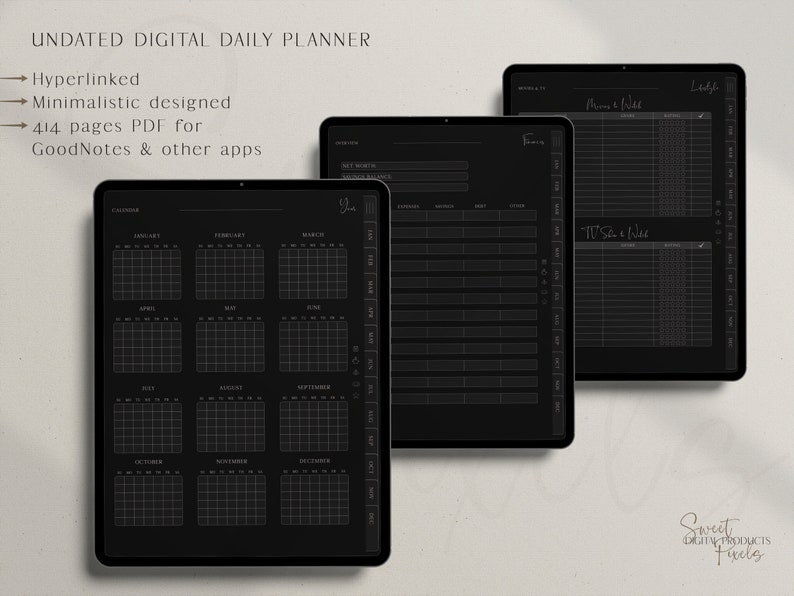 Undated Dark Mode Digital Planner, Dark Mode Goodnotes Planner, PDF ...