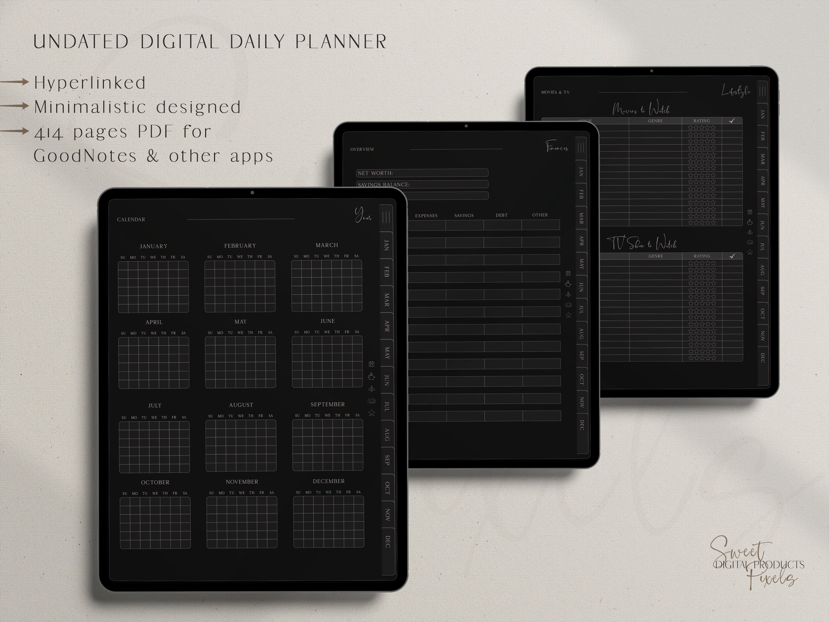 Undated Dark Mode Digital Planner, Dark Mode Goodnotes Planner, PDF ...