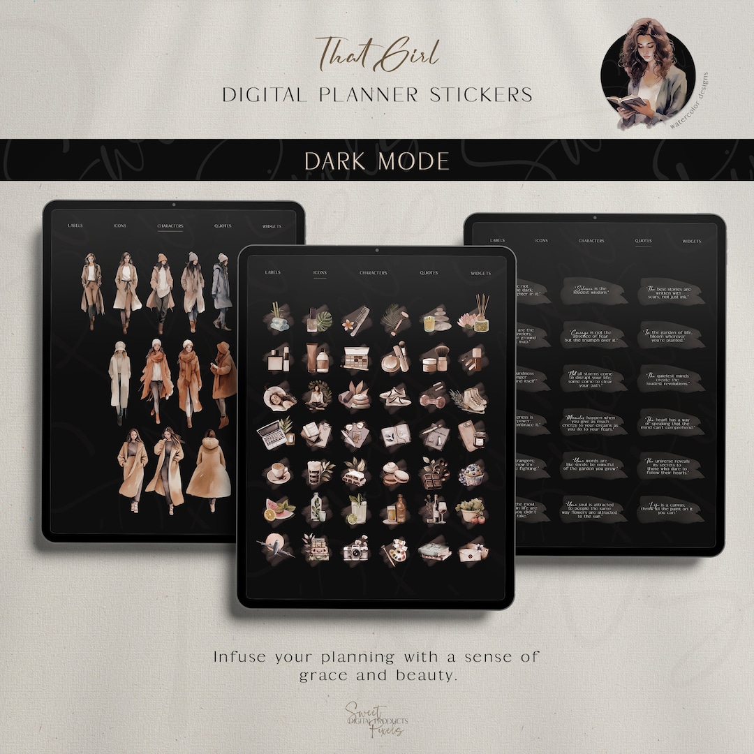 Dark Mode Digital Stickers, That Girl Aesthetic Planner Stickers ...