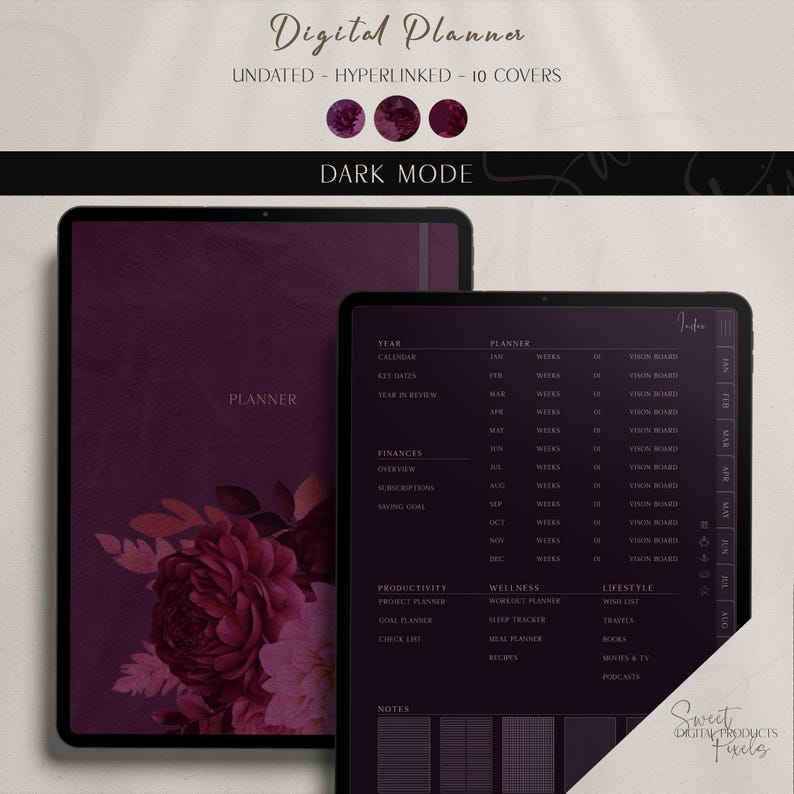 Dark Mode Floral Undated Digital Planner, Dark Pink and Purple Floral ...