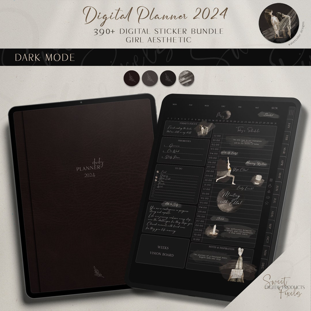Dark Mode 2024 Digital Planner Bundle Dark Mode Planner Sticker ...