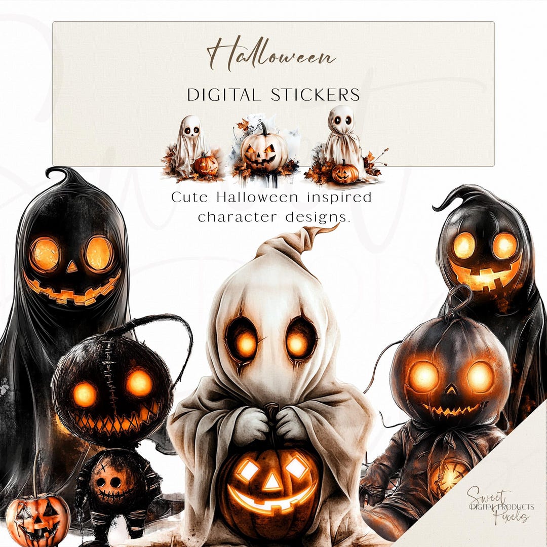 Spooky Halloween Character Stickers, Doll Clipart (PNG Digital Download ...