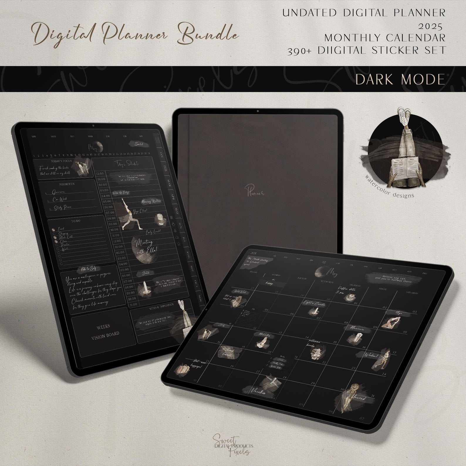 Dark Mode Digital Planner Bundle: Undated, 2025 Calendar, Stickers ...