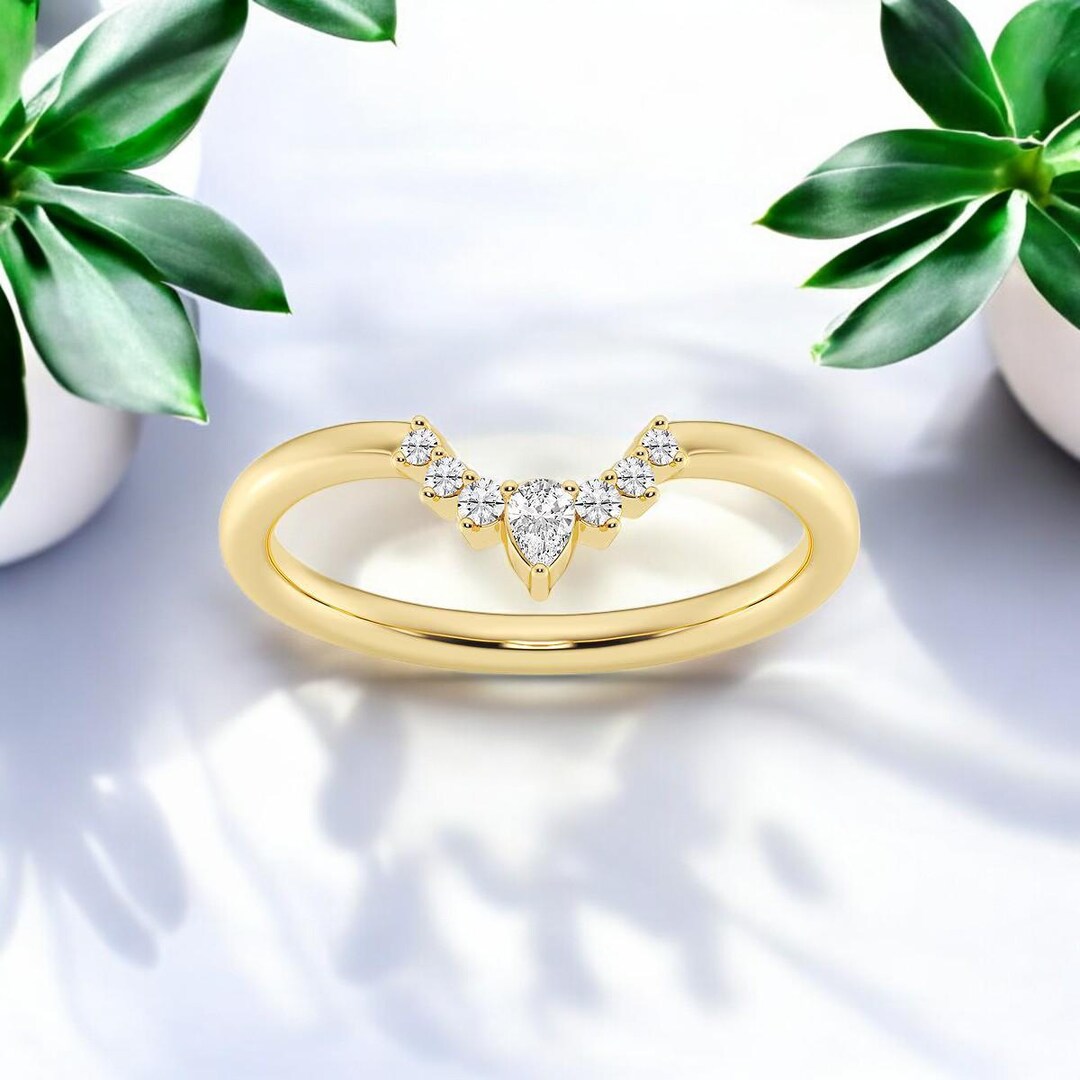 14k Gold Curved Ring Enhancer, Pave Diamond Ring, Solid Gold Minimalist ...