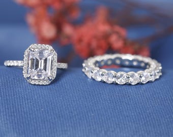 1.8 CT Emerald Cut Moissanite Wedding Ring Set Solitaire Diamond ...