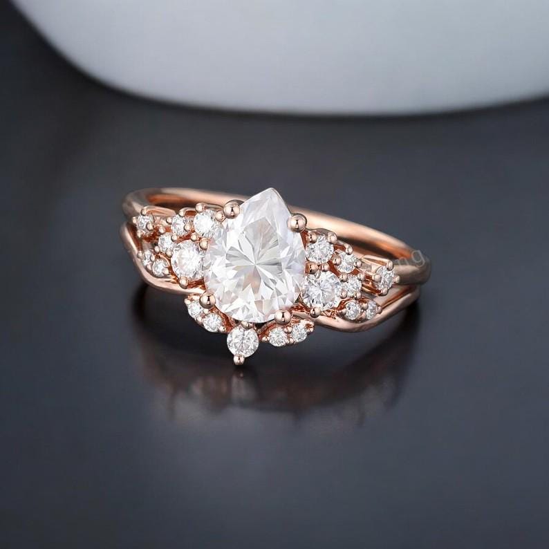 Pear Shaped Moissanite Engagement Ring Set Vintage Unique Rose Gold ...