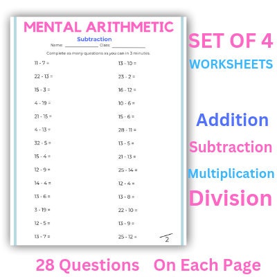 Mental Arithmetic Maths Worksheets Easy Print and Use - Etsy