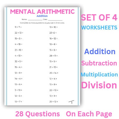 Mental Arithmetic Maths Worksheets Easy Print and Use - Etsy