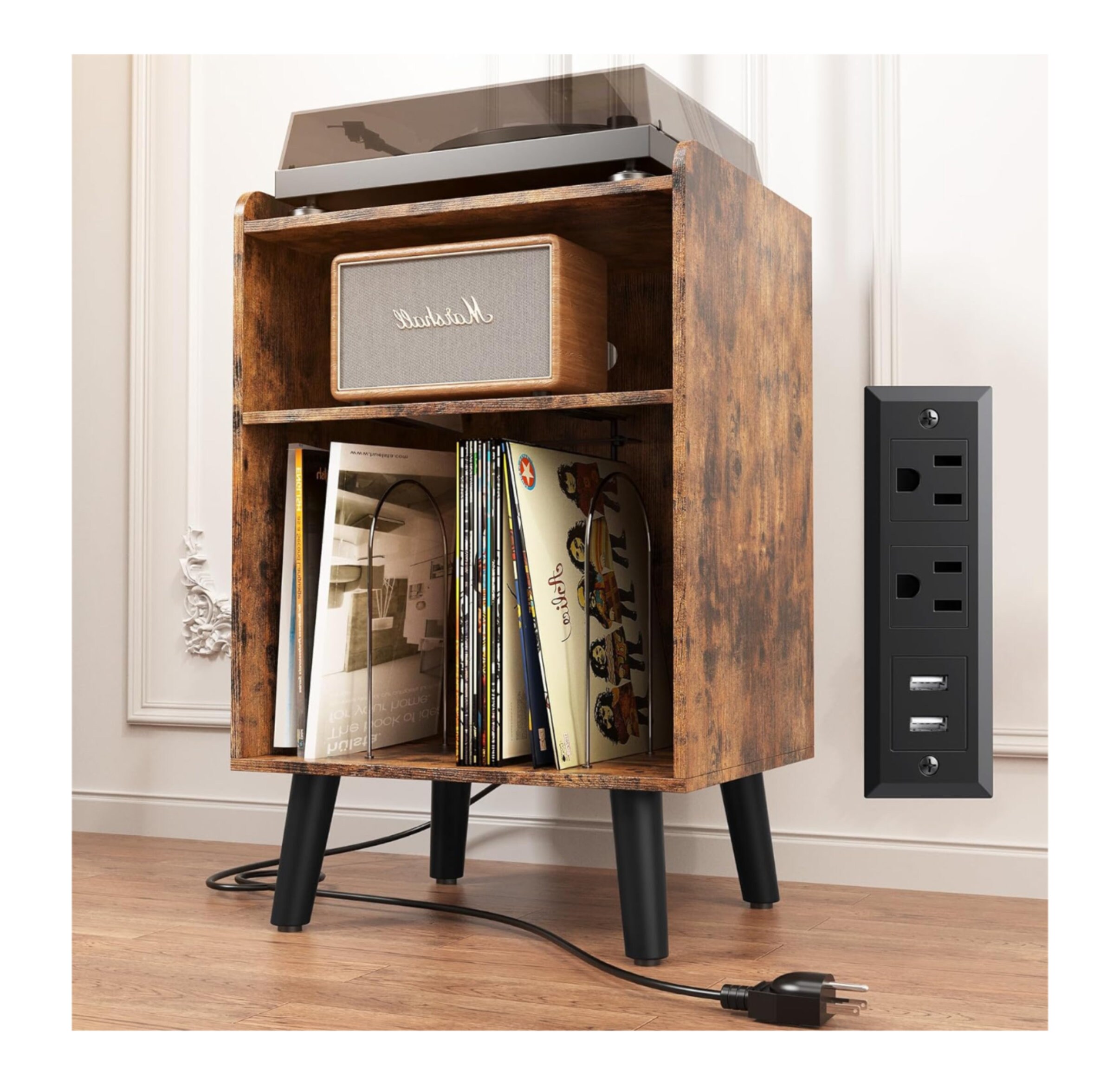 Marshal Oak Record Player Stand, Stand With Record Storage & Charging ...