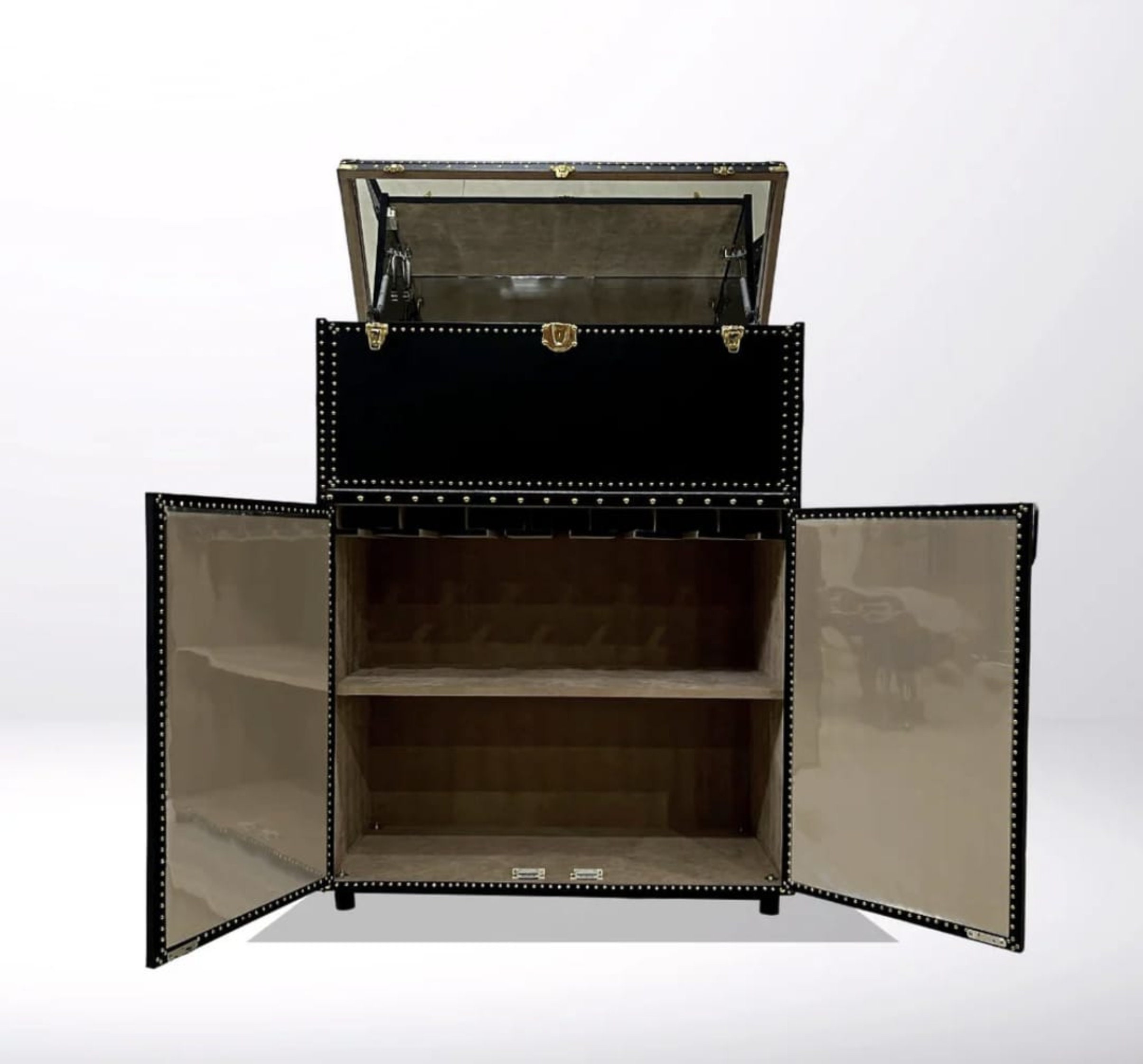 Handcrafted Leather Bar Cabinet, Stylish Black Leather Liquor Cabinet ...
