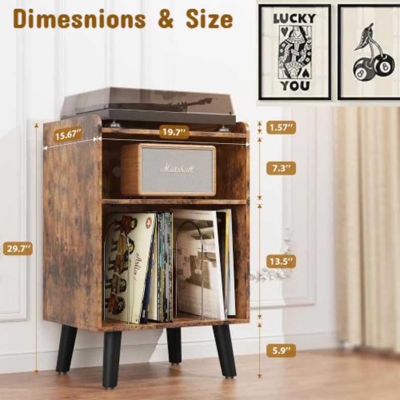 Marshal Oak Record Player Stand, Stand With Record Storage & Charging ...