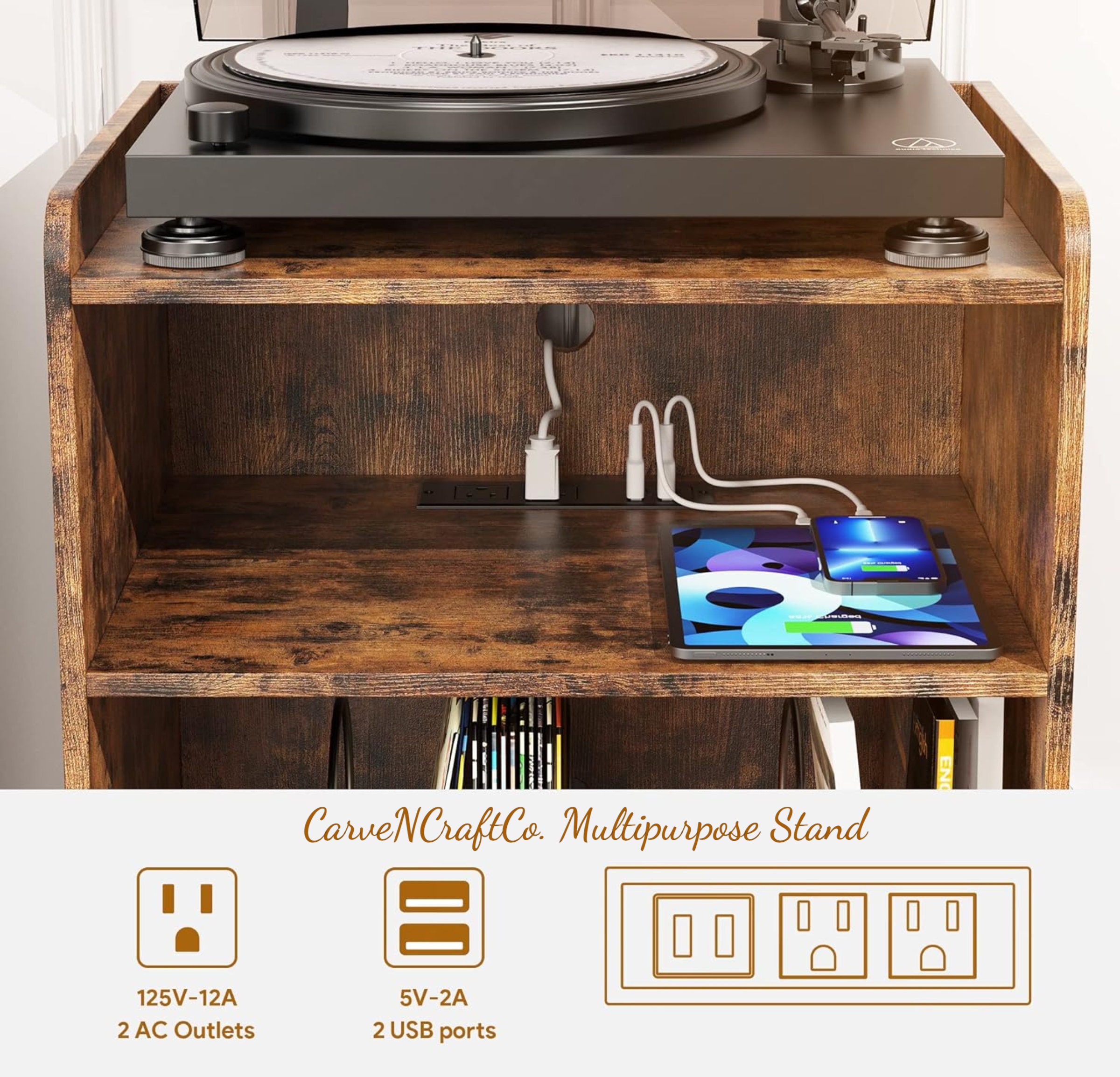 Marshal Oak Record Player Stand, Stand With Record Storage & Charging ...