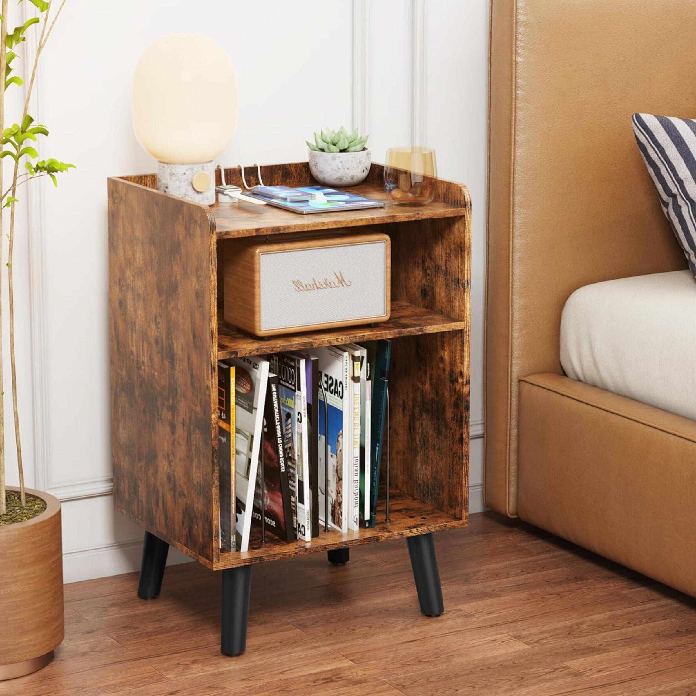 Marshal Oak Record Player Stand, Stand With Record Storage & Charging ...