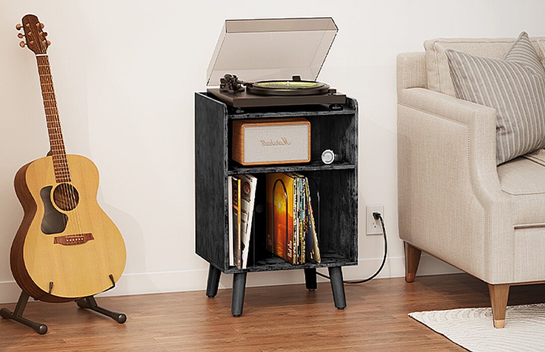 Marshal Oak Record Player Stand, Stand With Record Storage & Charging ...