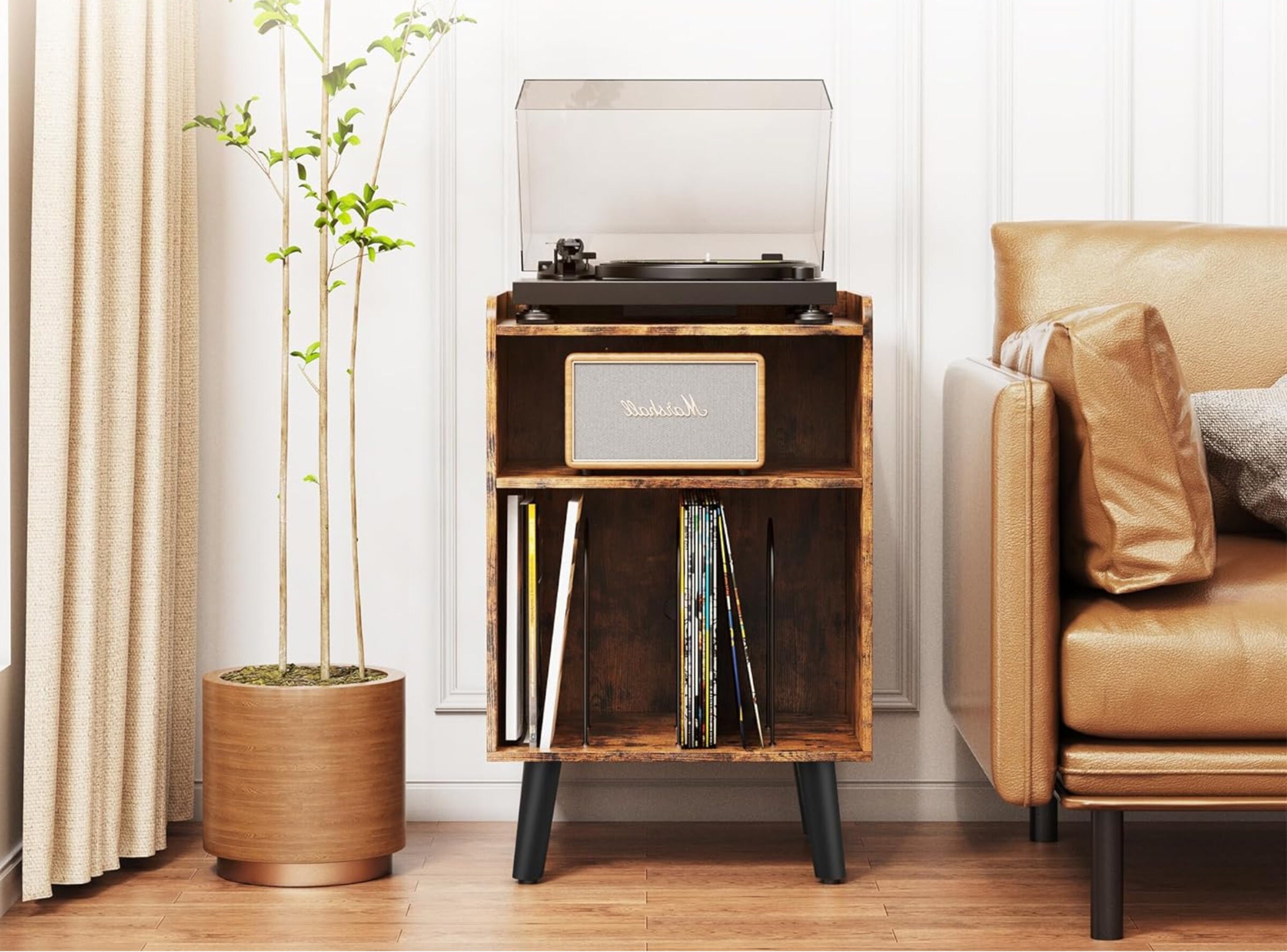Marshal Oak Record Player Stand, Stand With Record Storage & Charging ...