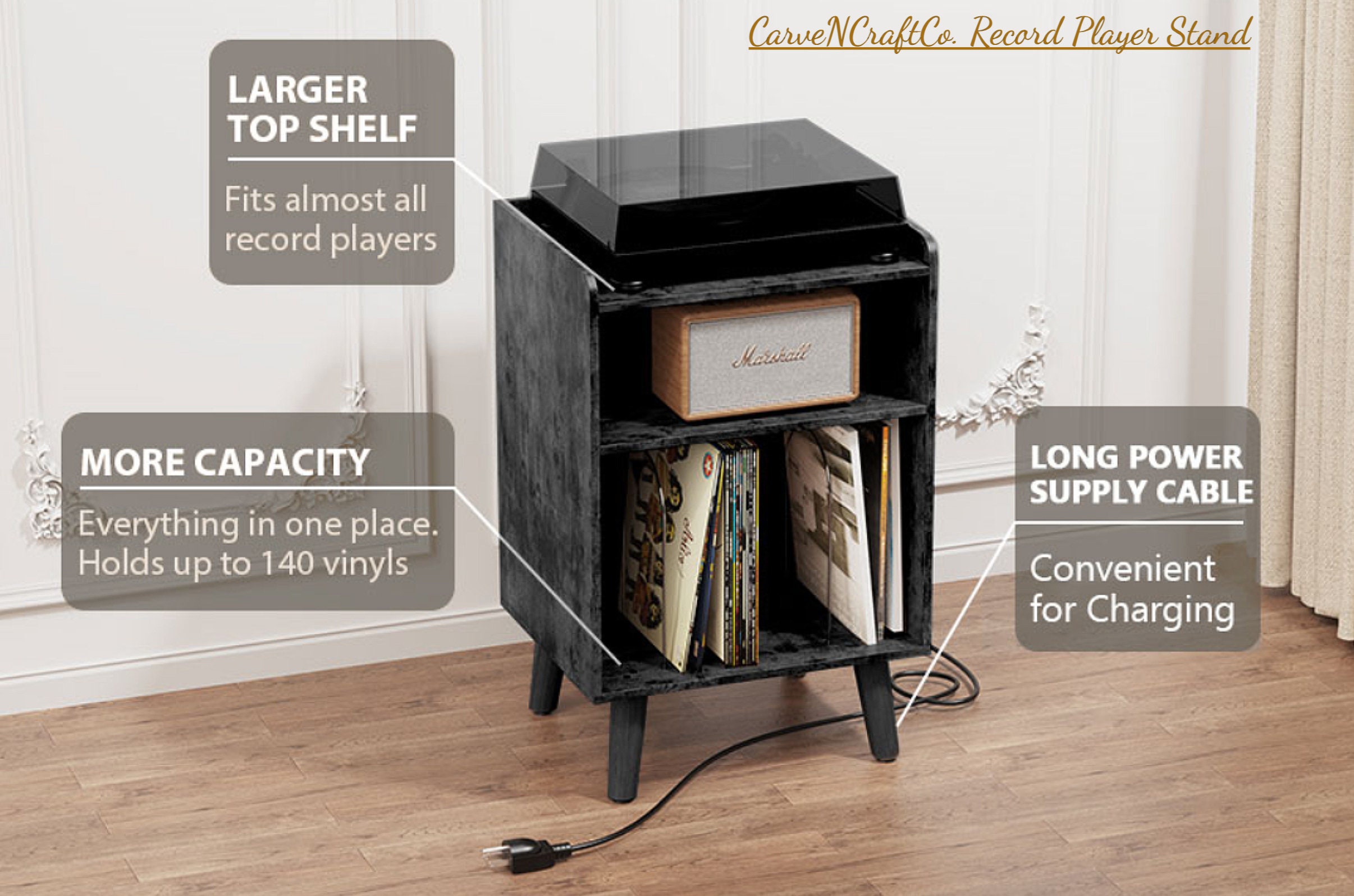 Marshal Oak Record Player Stand, Stand With Record Storage & Charging ...
