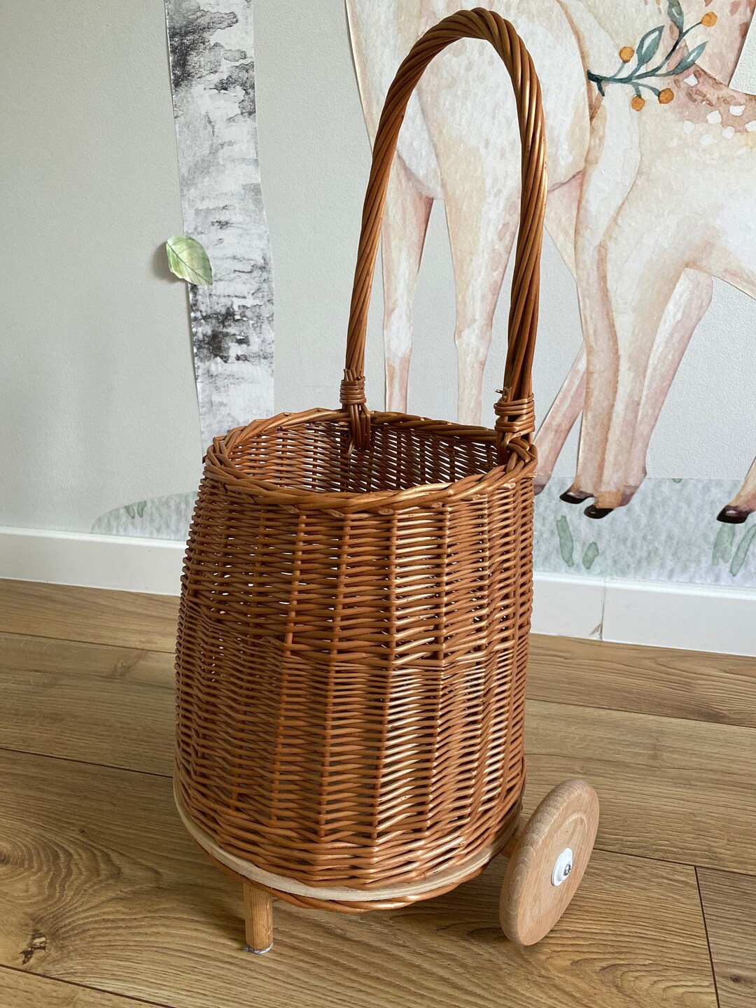 Natural Wicker Pull on Trolley, Wicker Basket With Handle, Wicker ...