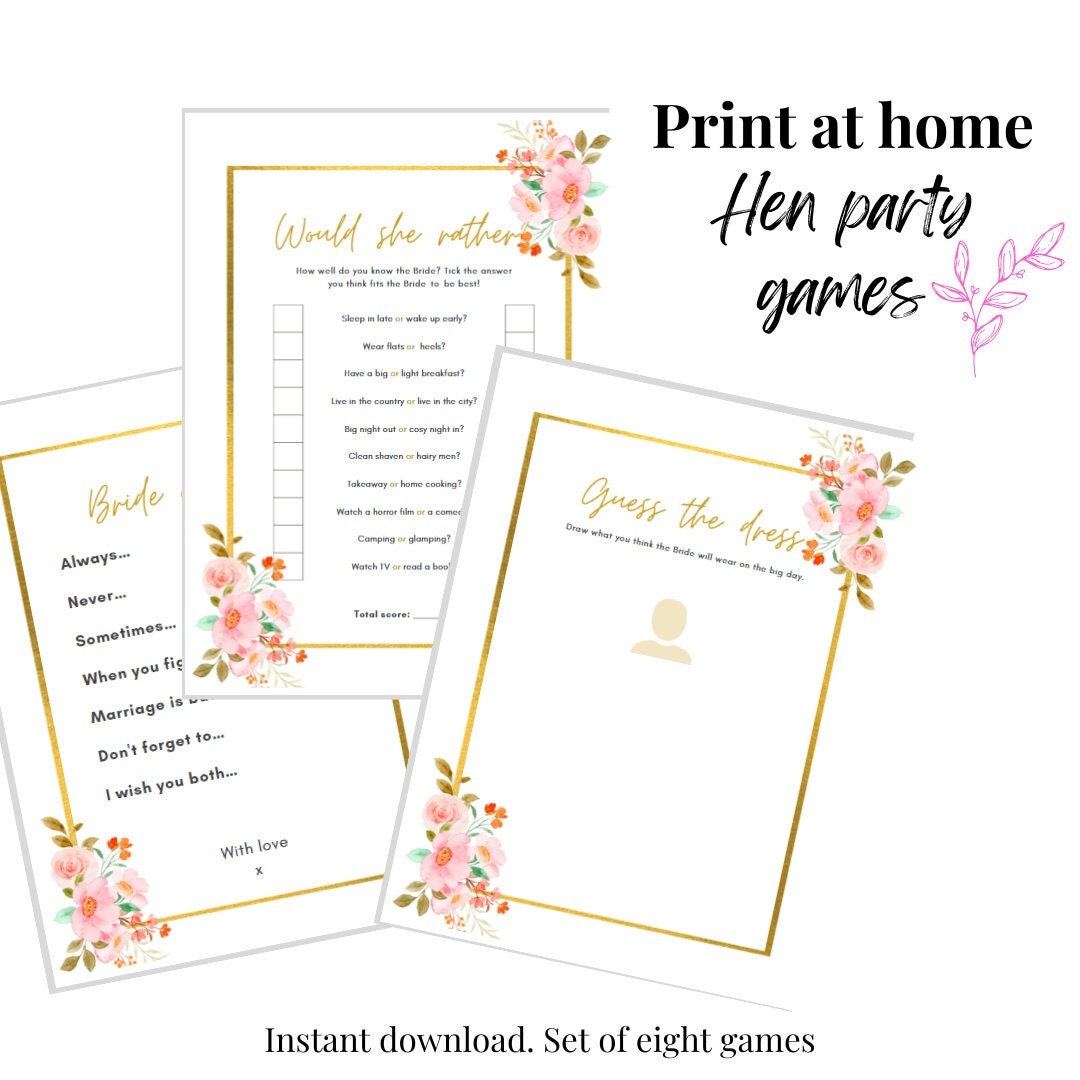 Hen Do Party Games | Instant Download | Eight Printable Bridal Shower ...
