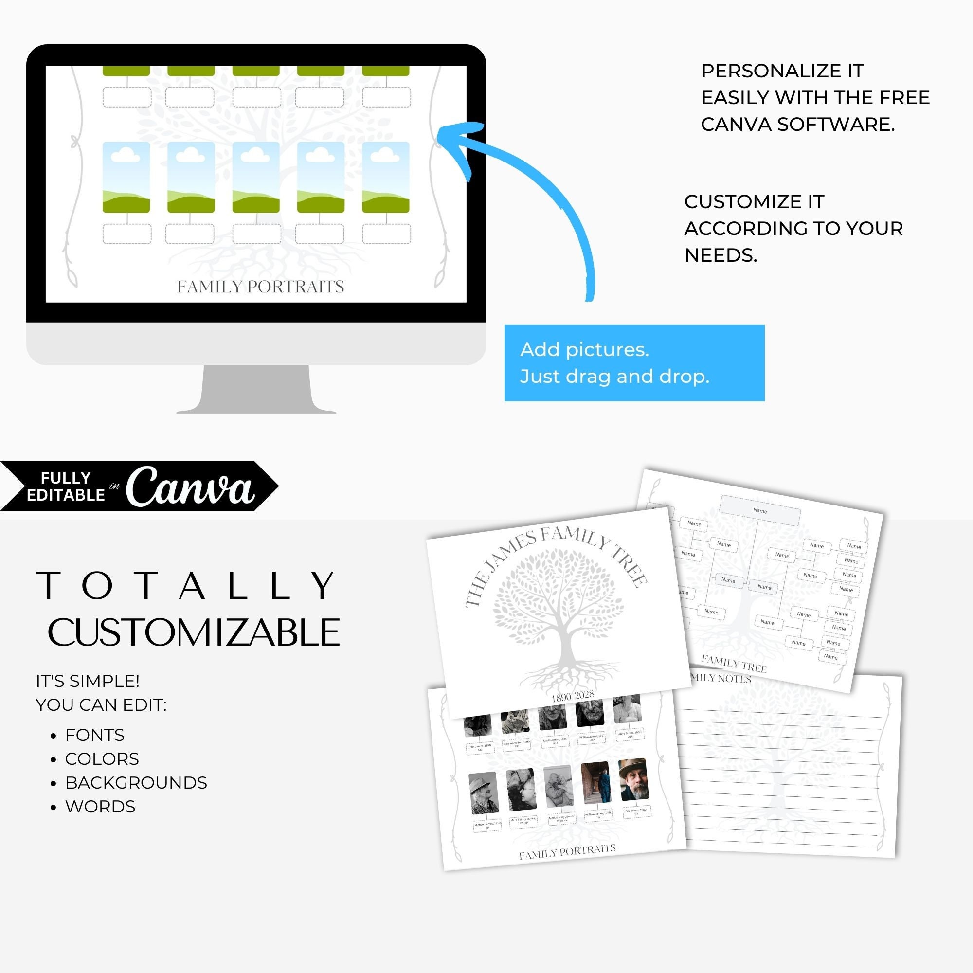 Family Tree Template | Canva Template | Genealogy Template | Gift for ...