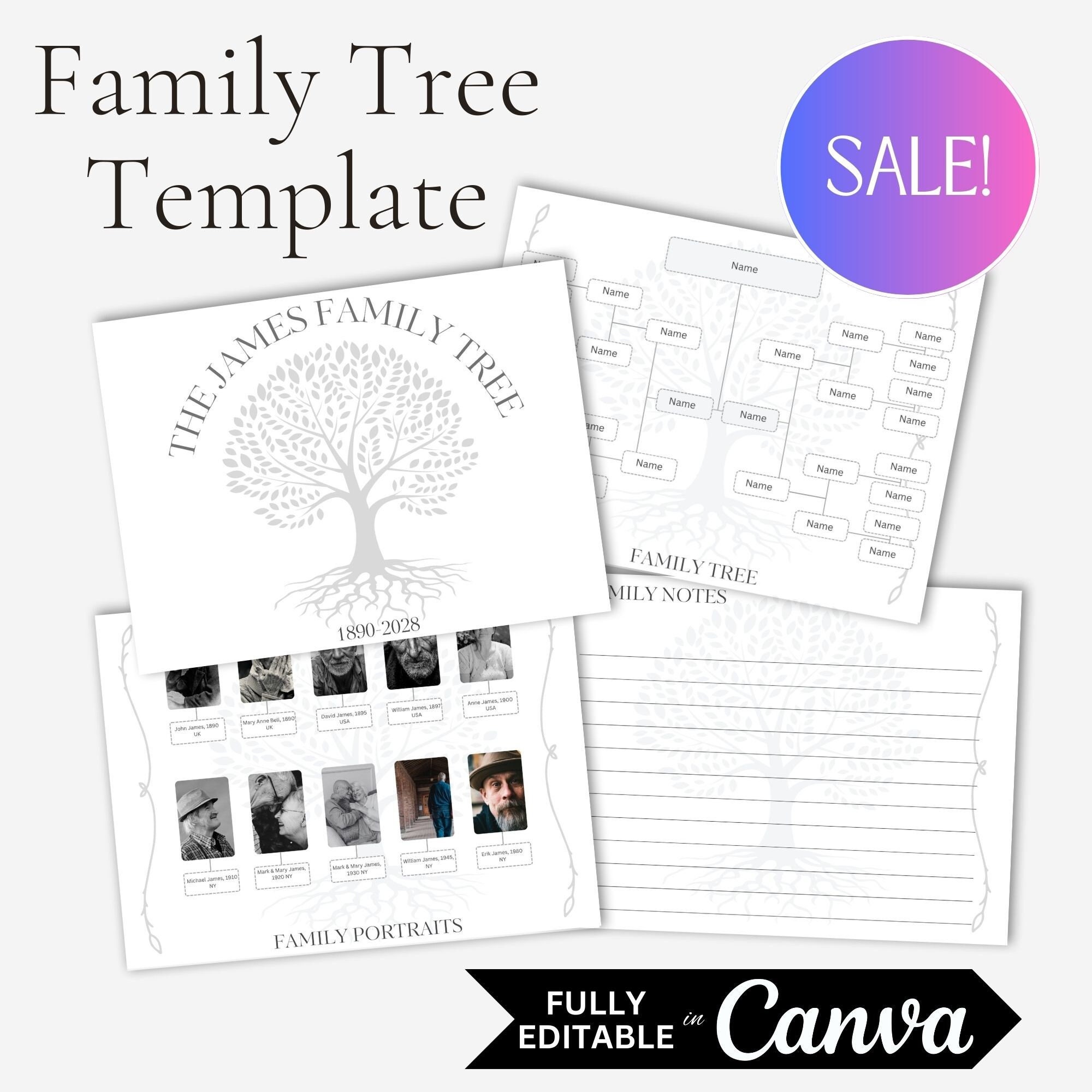 Family Tree Template | Canva Template | Genealogy Template | Gift for ...
