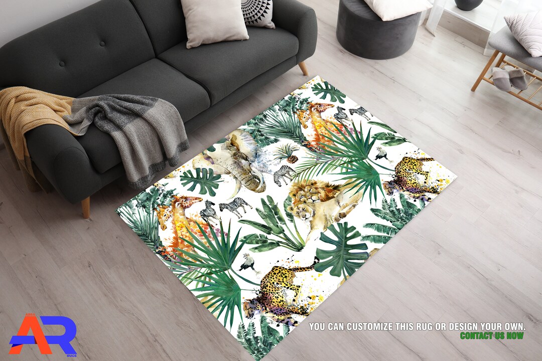 Wildlife Rugs, White Green and Orange Area Rugs, Jungle Rug, Animals ...