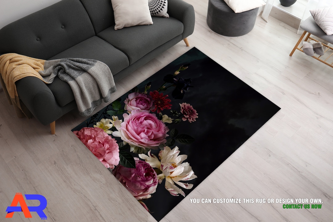 Black and Pink Rugs, Vintage Rose Close up Area Rug, Vintage Floral Rug ...