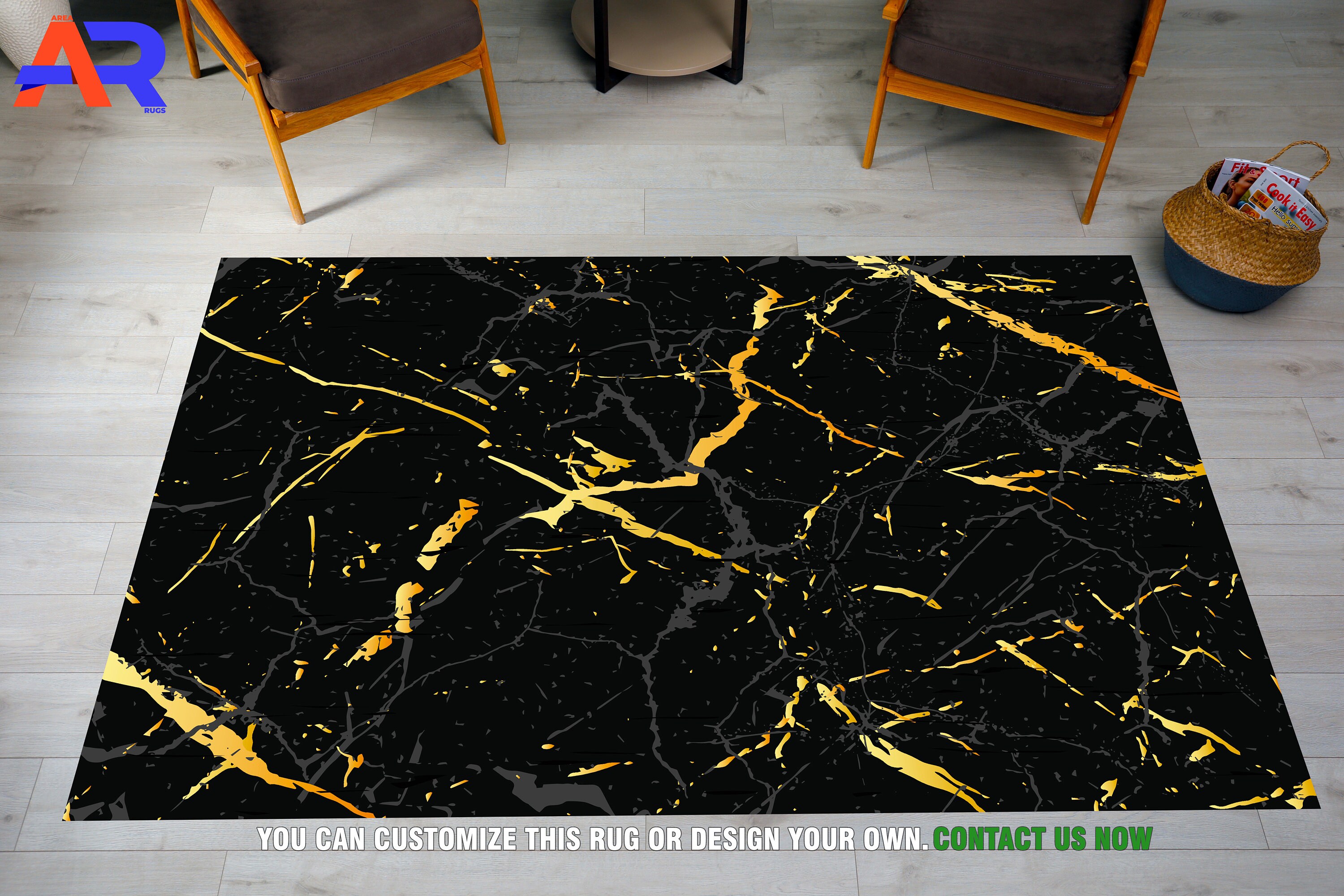 Black and Gold Rug, Marble Area Rug, Contemporary Area Rug, Black With ...