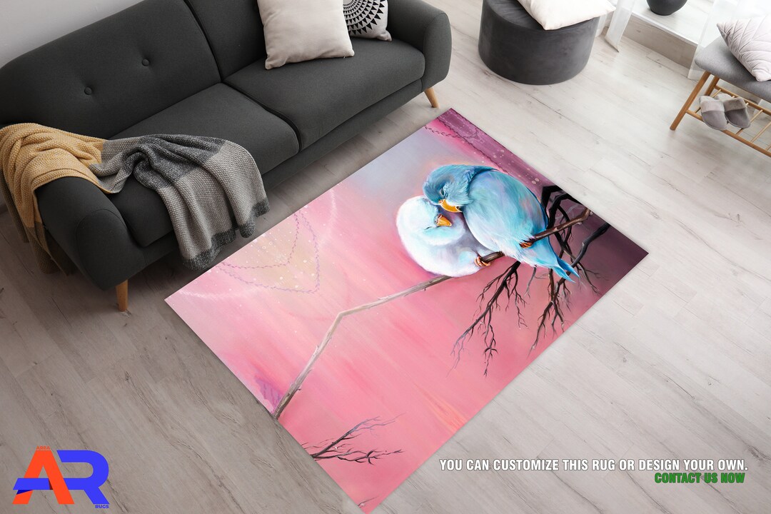Cute Love Birds Cuddling Area Rug, Pink Area Rugs, Lovebird Rugs, Blue ...