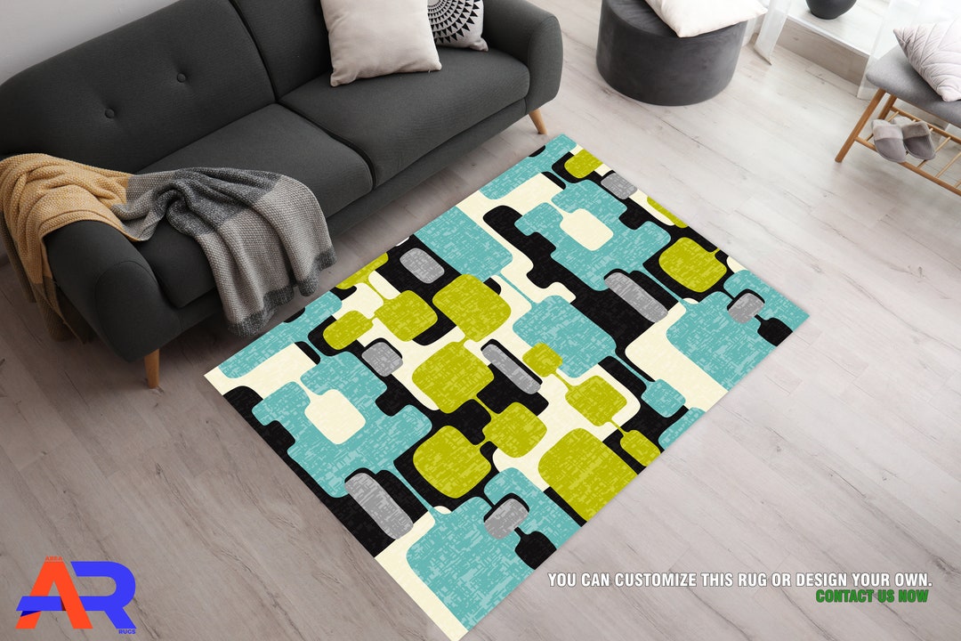 Mid Century Rugs, Green and Blue Rug, 1950s Area Rug, Retro Area Rug ...