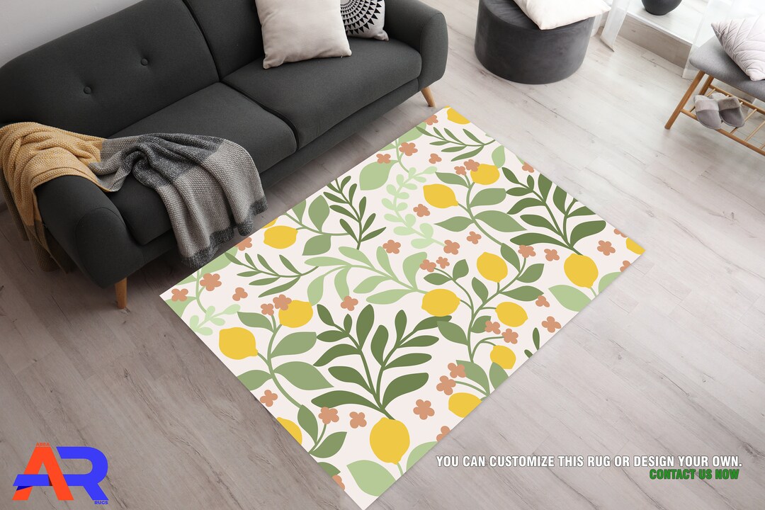 Lemon Rugs, Blue Green and Yellow Area Rugs, Fruit Rug, Hand Drawn ...