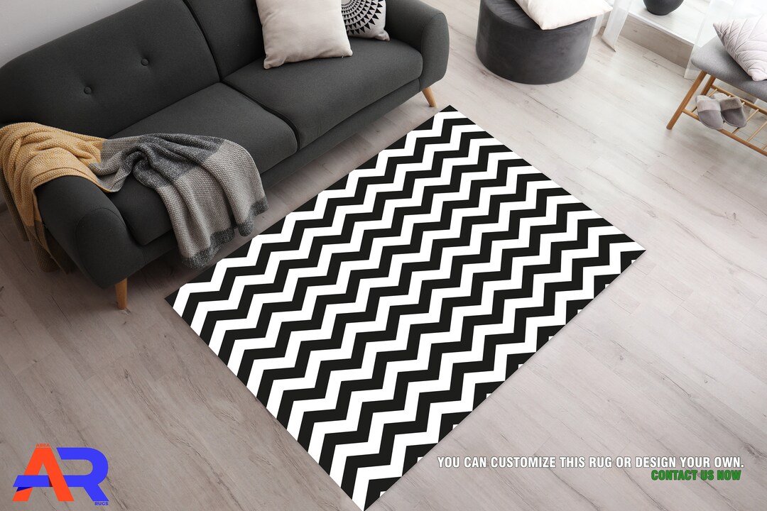 Black and White Area Rug, Zigzag Design Carpet, Classic Chevron Pattern ...