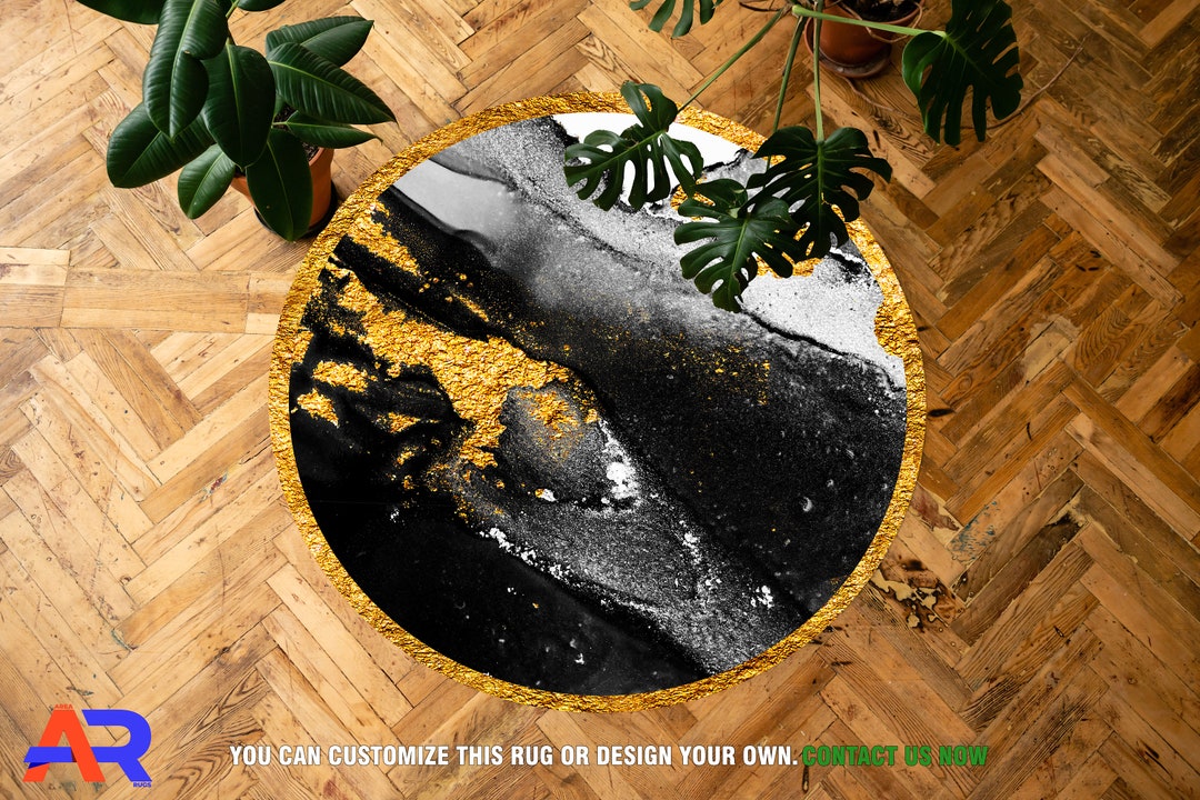 Nature Pattern Rug, Gold Round Rug, Black Gold Design Rug, Cool Rug ...