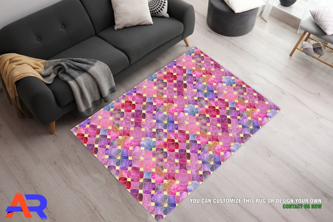Pink Geometric Rug, Purple and Pink Patterned Area Rug, Purple and Gold ...